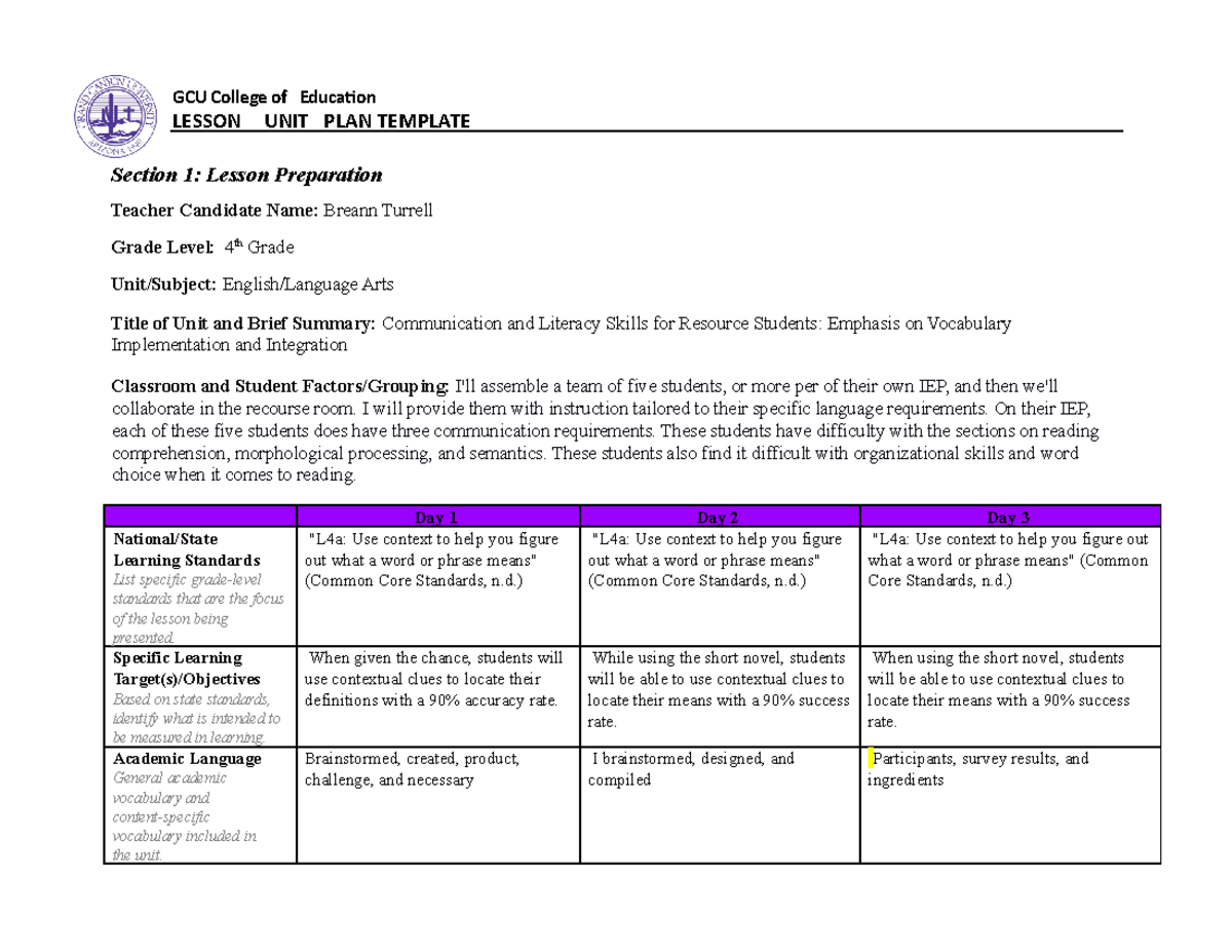 3-Day Unit Plan Template: Communication & Vocabulary Skills for 4th ...