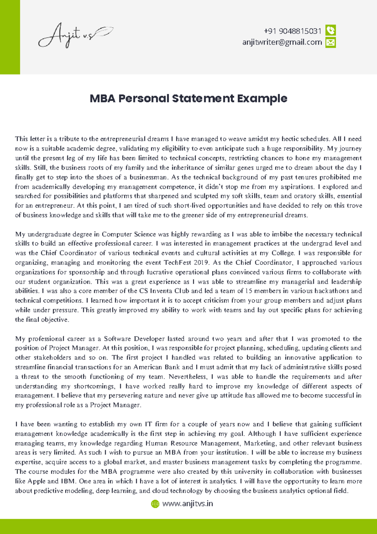 MBA Personal Statement Example: A Journey Toward Entrepreneurship - Studocu