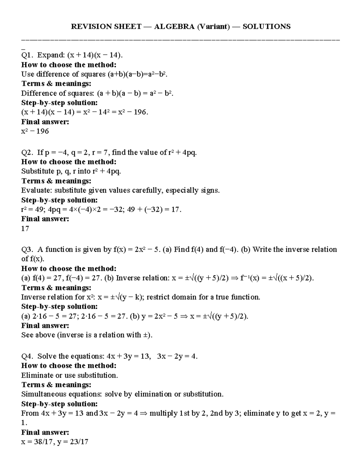Algebra Revision Sheet Variant Answers - Second Paper - Studocu
