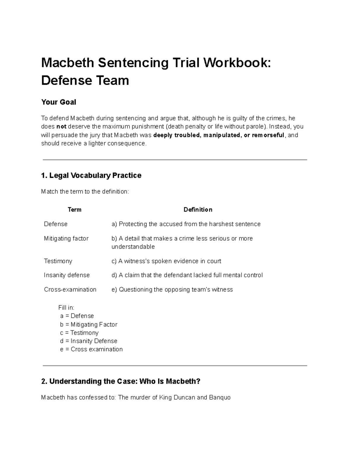 Macbeth Criminal Trial Workbook: Defense Team Strategies & Arguments ...
