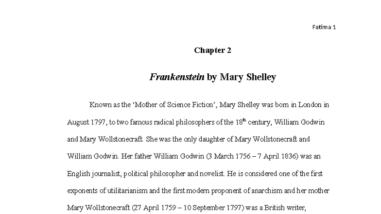 Fatima 1: Chapter 2 Analysis of Mary Shelley's Frankenstein - Studocu