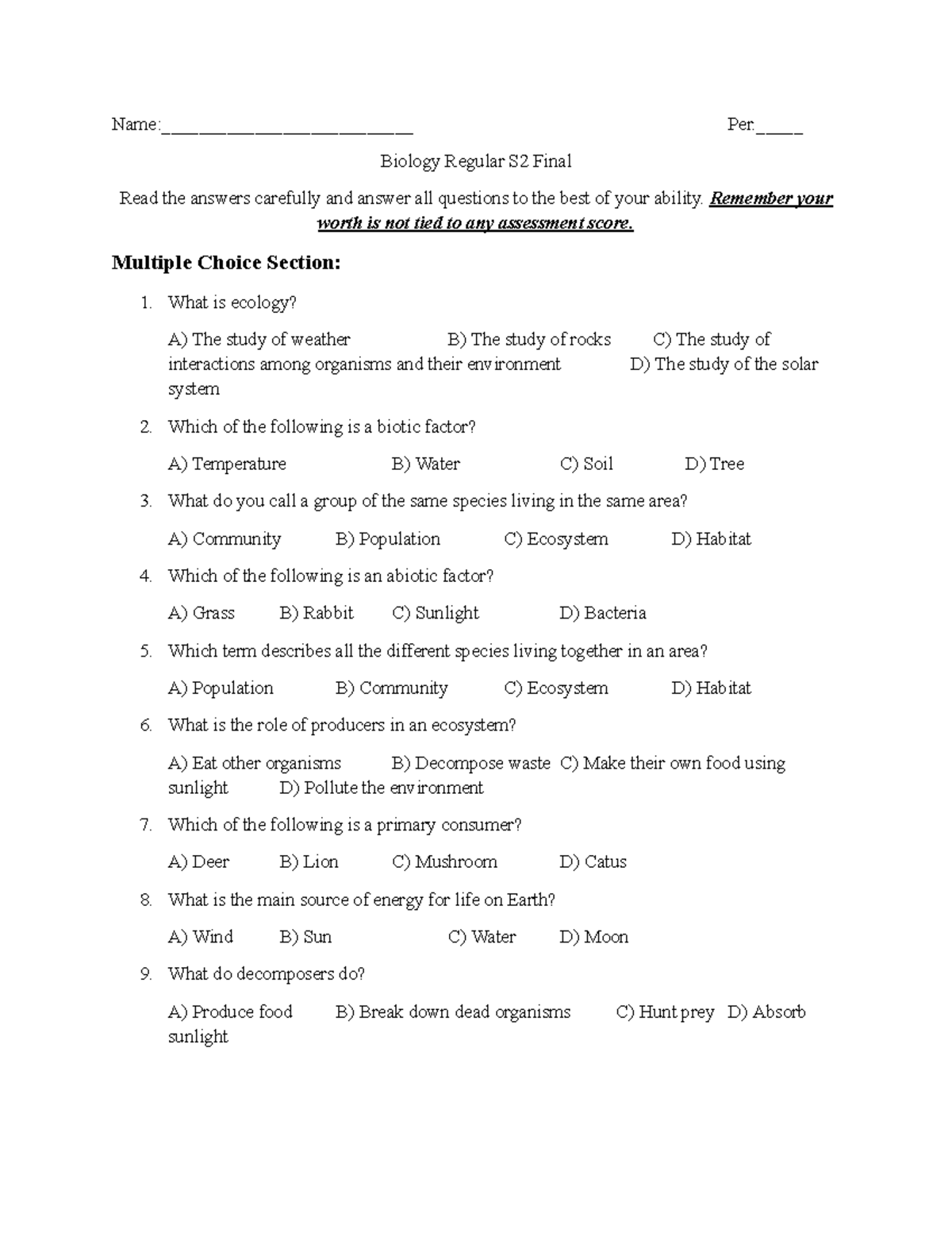 Kirkham Biology S2 Final Exam Review and Practice Questions - Studocu