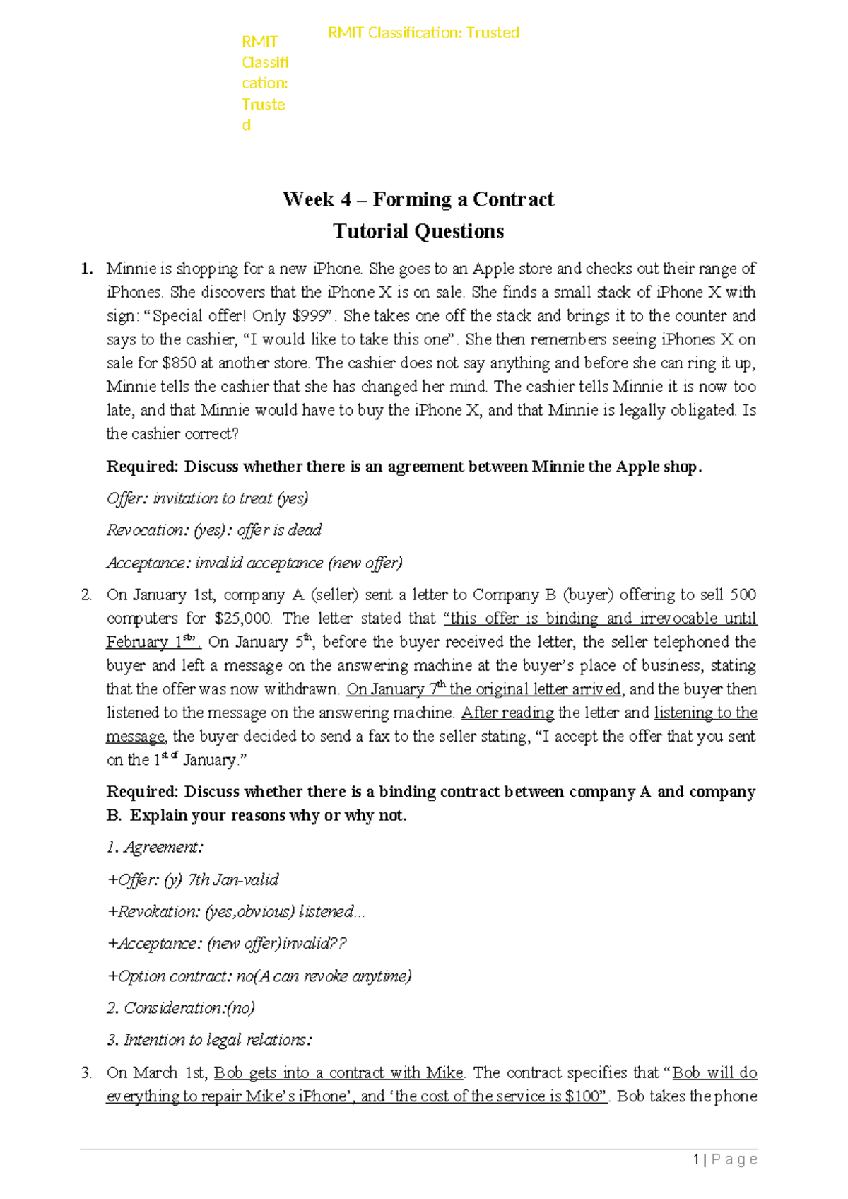 RMIT Classification: Trusted Week 4 Contract Law Tutorial Questions ...
