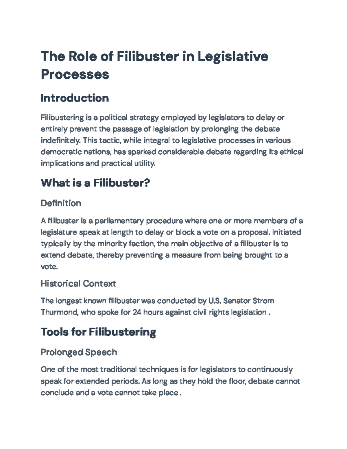 The Role of Filibuster in Legislative Processes: Ethics & Tactics ...