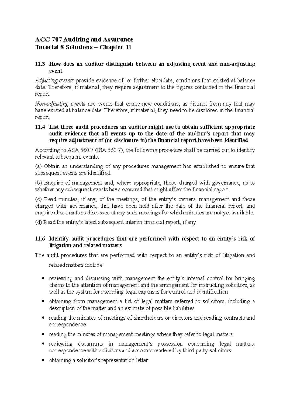 Tutorial 8 Solutions on Assurance and Auditing - ACC 707 Chapter 11 ...