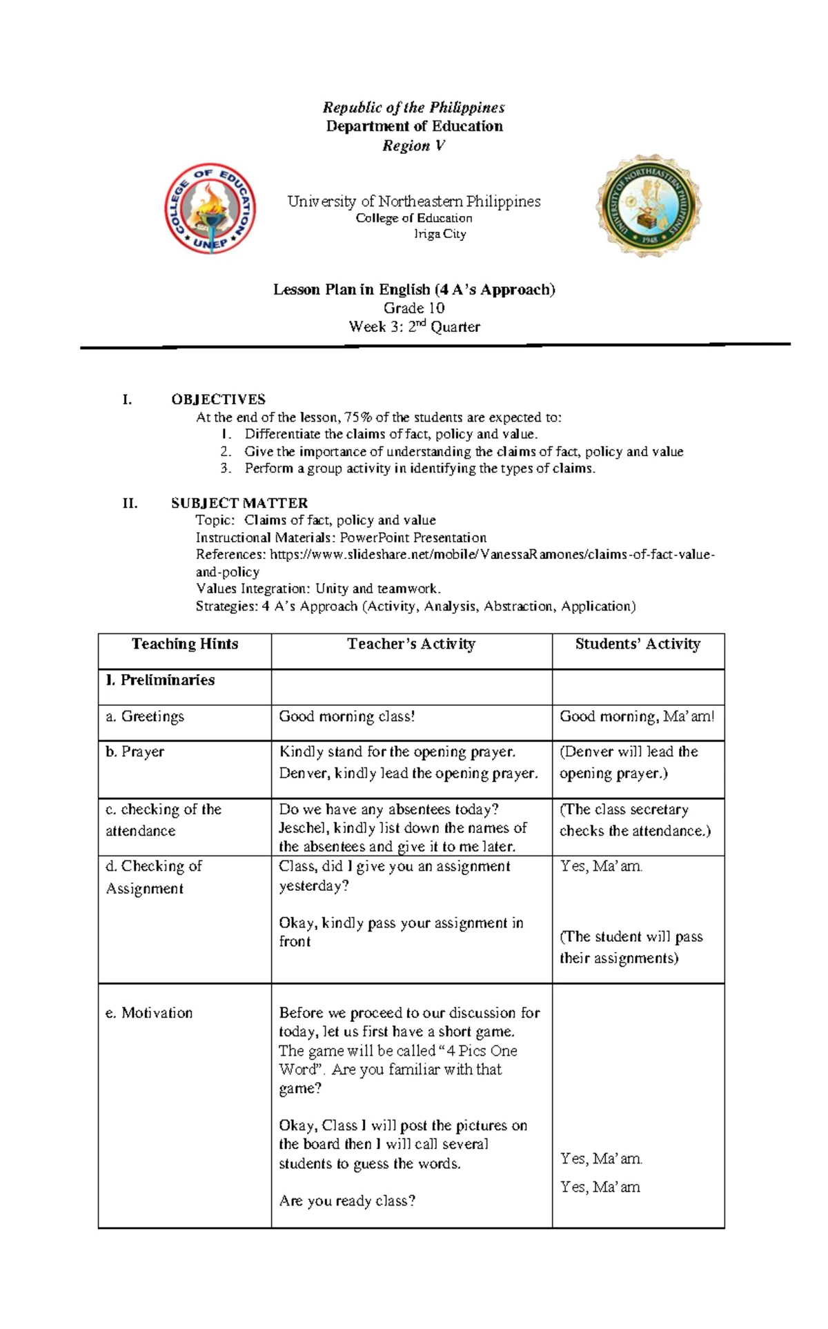 Detailed Lesson Plan 4as - Detailed Lesson Plan Using 4 A’s Approach In ...