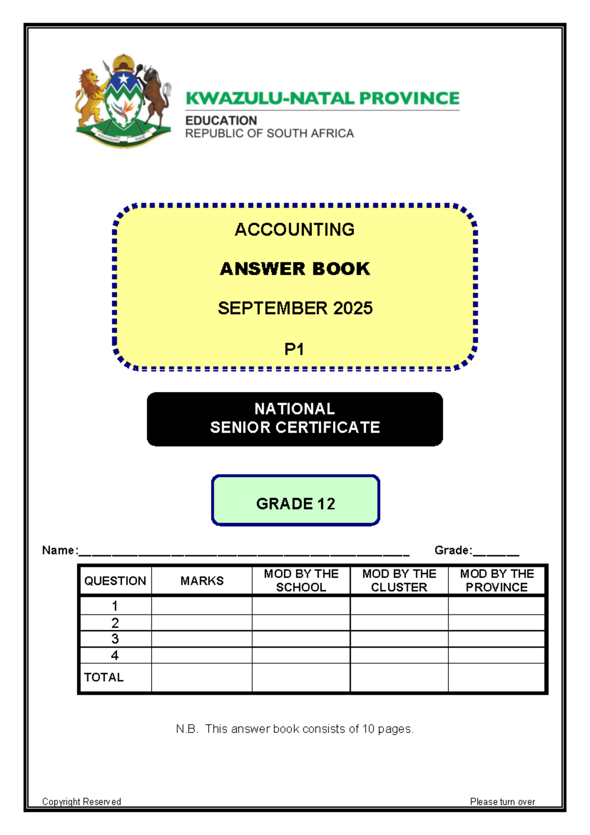 Accounting P1 September 2025 Grade 12 Answer Book - Studocu