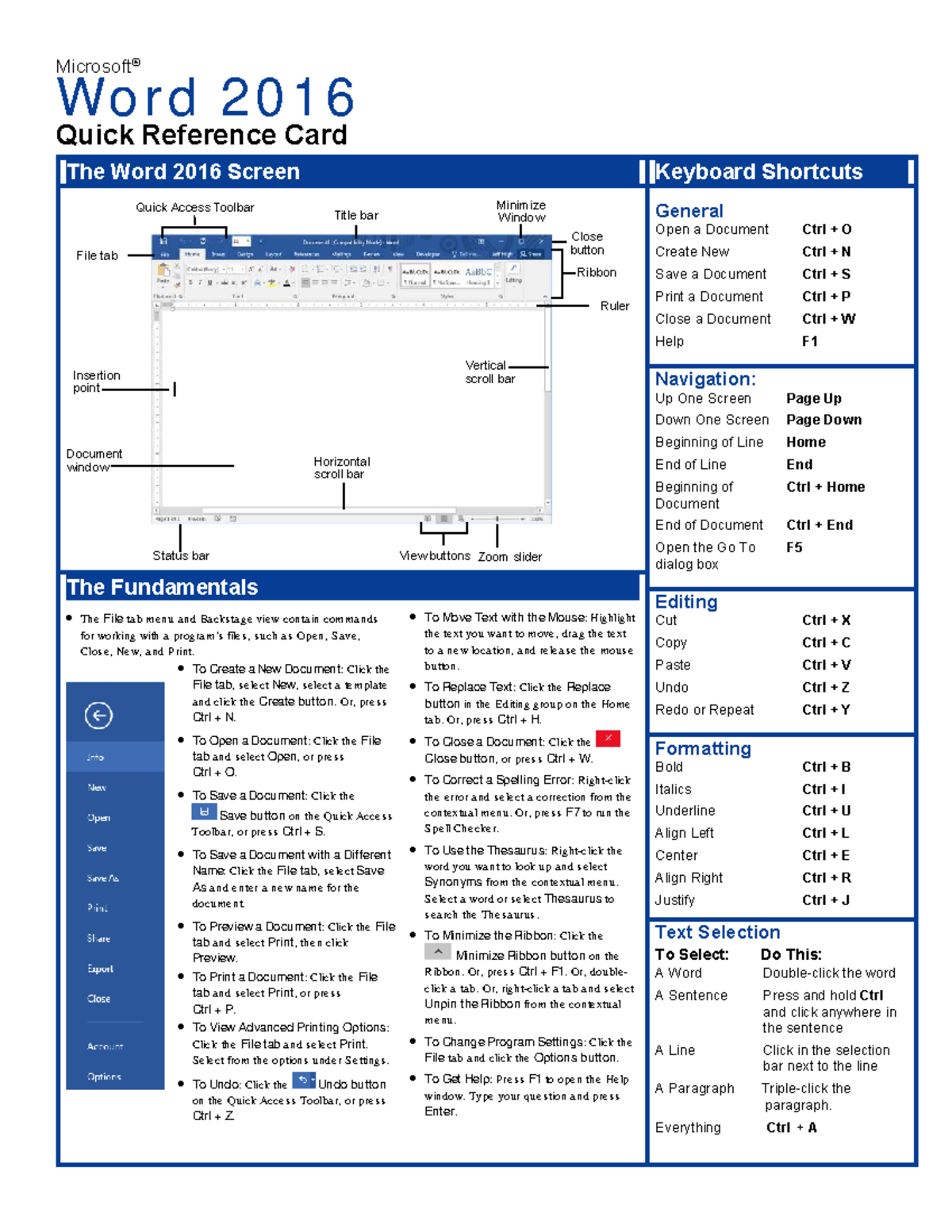 Microsoft Word 2016 Quick Reference Card: Essential Shortcuts & Tips ...