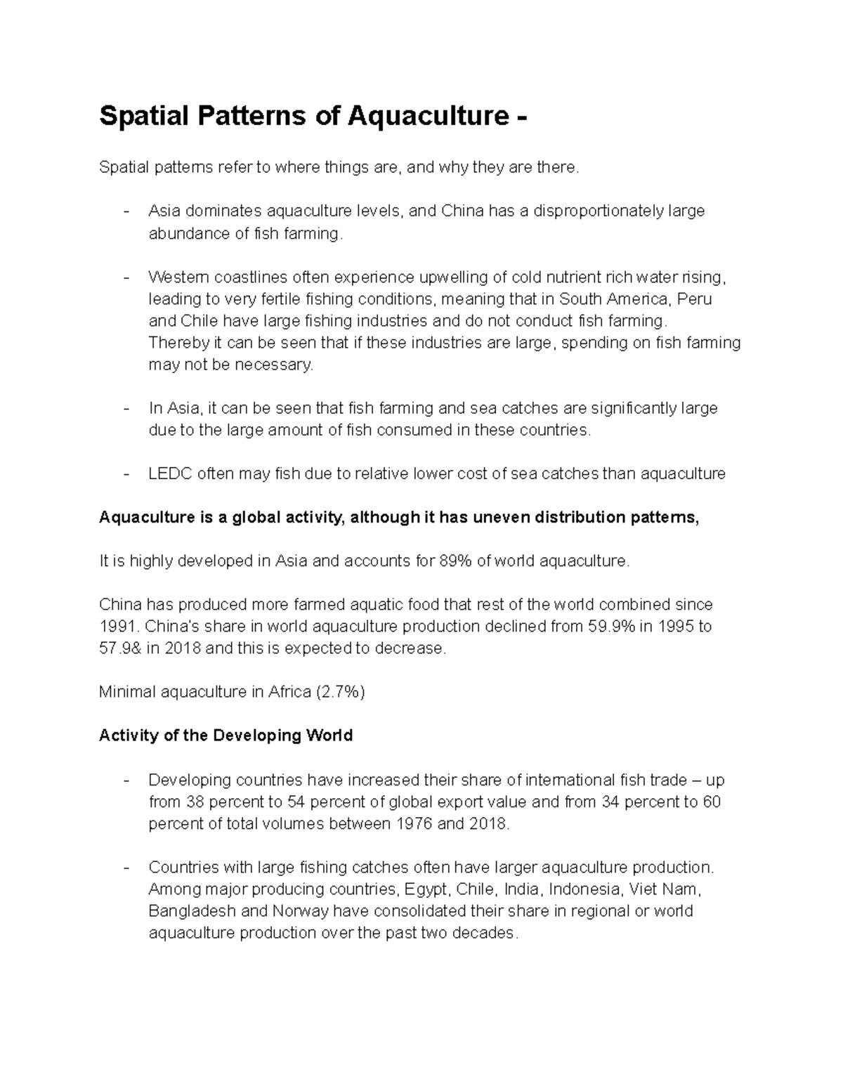 HSC Geography Notes: Spatial Patterns of Aquaculture Analysis - Studocu