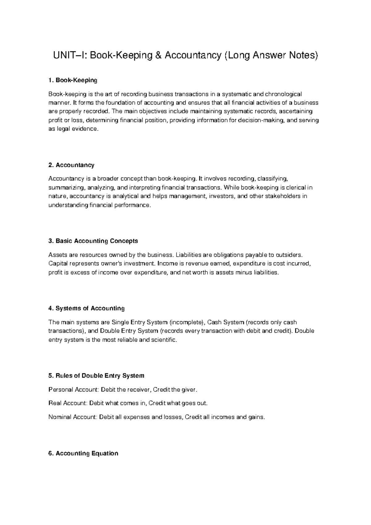 Accountancy (ACC101) Long Answer Notes: Bookkeeping Fundamentals - Studocu