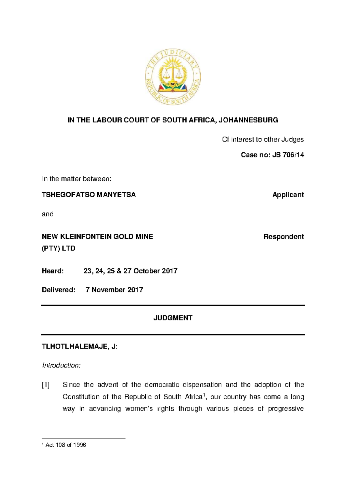 Labour Court Case JS: Manyetsa vs. New Kleinfontein Gold Mine Judgment ...