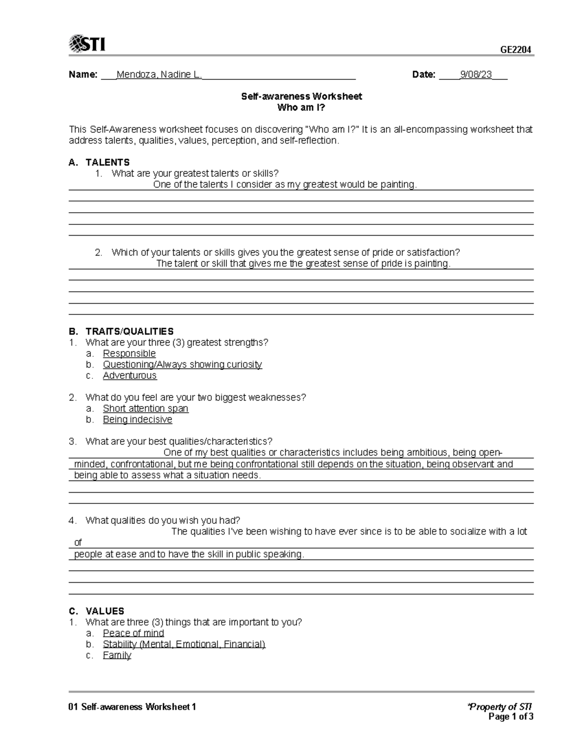 01 Self-awareness Worksheet 1 - GE Name: Mendoza, Nadine L ...