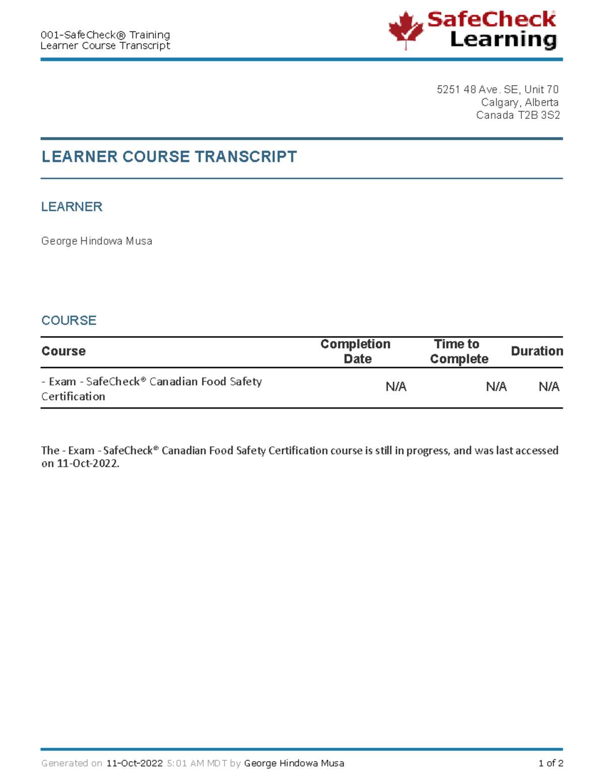 Exam SafeCheck® Canadian Food Safety Certification Transcript - 001 ...