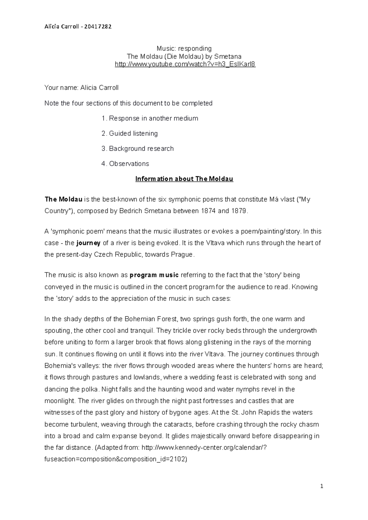A2 - Component 2: Exploring Smetana's The Moldau Through Music Response ...
