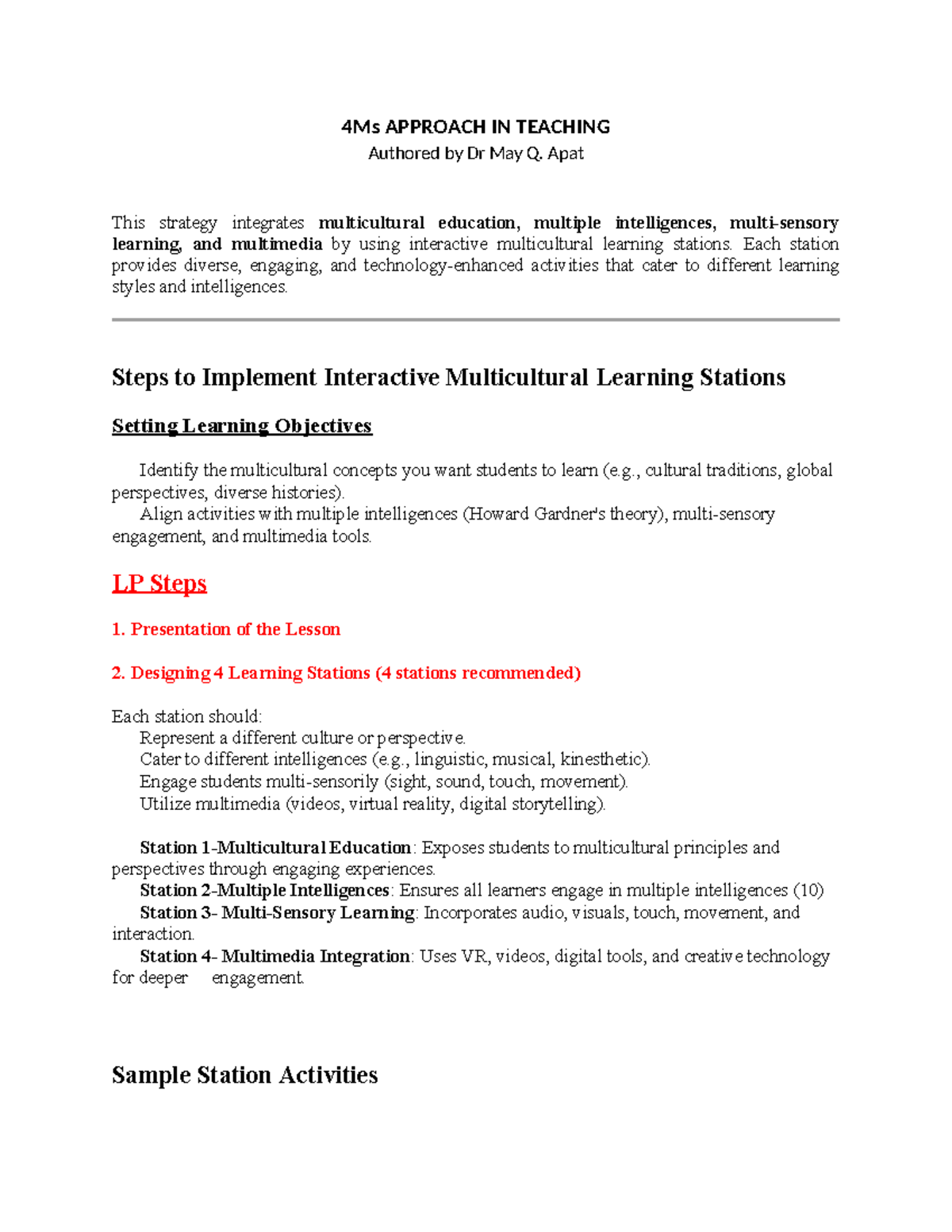 4Ms Approach in Teaching: Engaging Multicultural Learning Stations ...