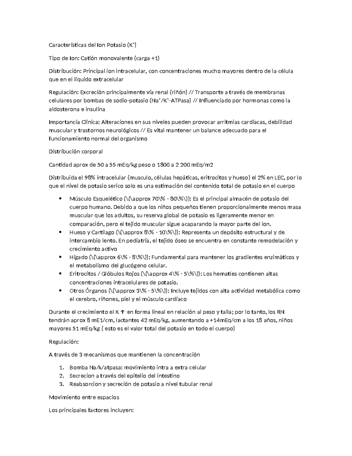 Resumen Clase Hiper e Hipokalemia - Características del Ion Potasio ...