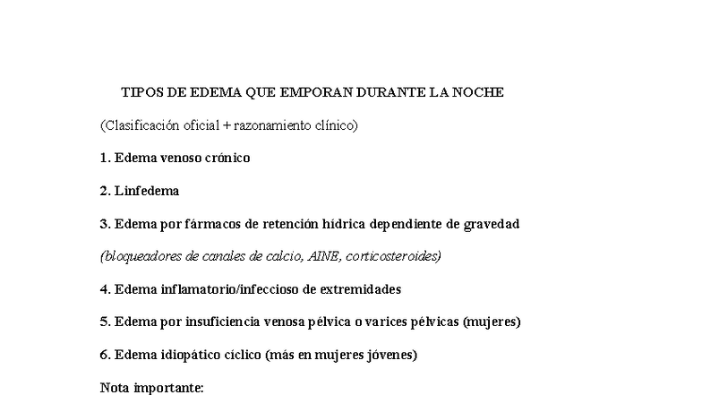Tipos de Edema Nocturno: Clasificación y Mecanismos Clínicos - Studocu