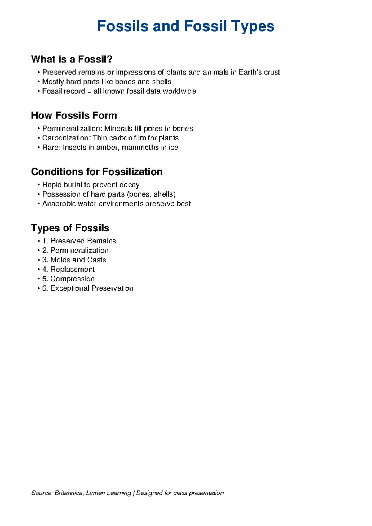 Fossils and Fossil Types: A Class Presentation Overview - Studocu