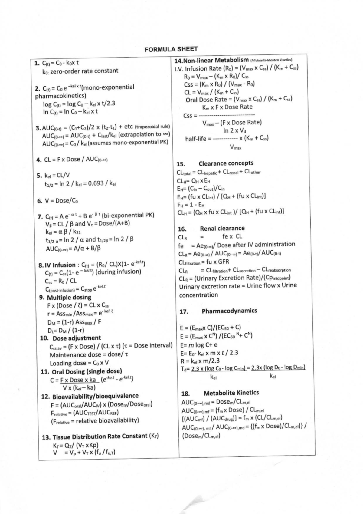 Pharmacokinetics Formula Sheet 2912: Key Concepts & Equations - Studocu