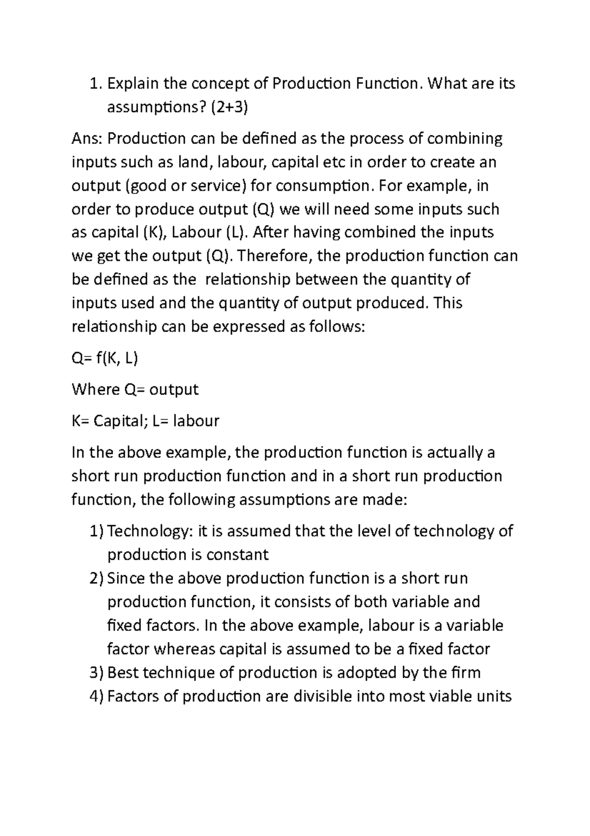Explain the concept of Production Function - What are its assumptions ...