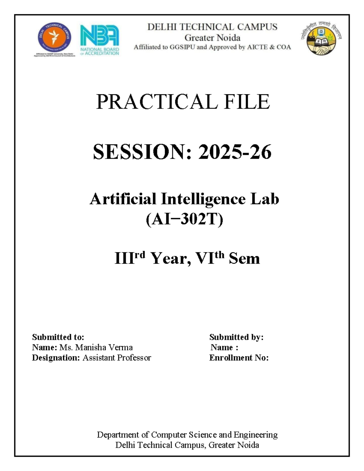 Exp-1 AI Lab: Practical File for VIth Sem CSE - Studocu