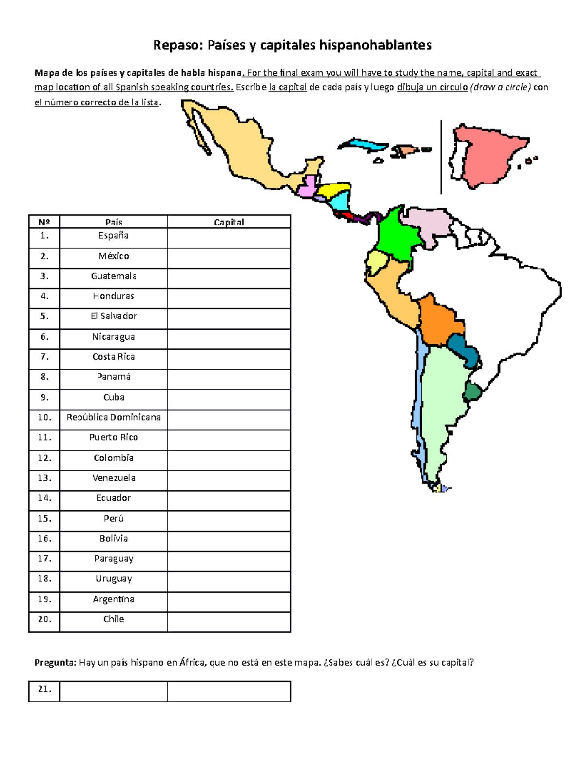 Hoja De Trabajo Con Mapa De Países De Habla Hispana Paises