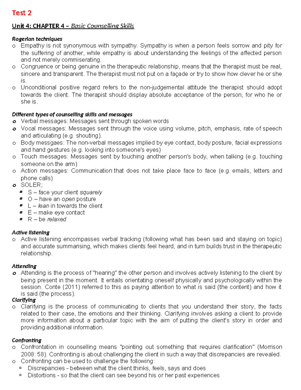 Test 2 Unit 4: CHAPTER 4 Basic Counselling Skills and Techniques - Studocu