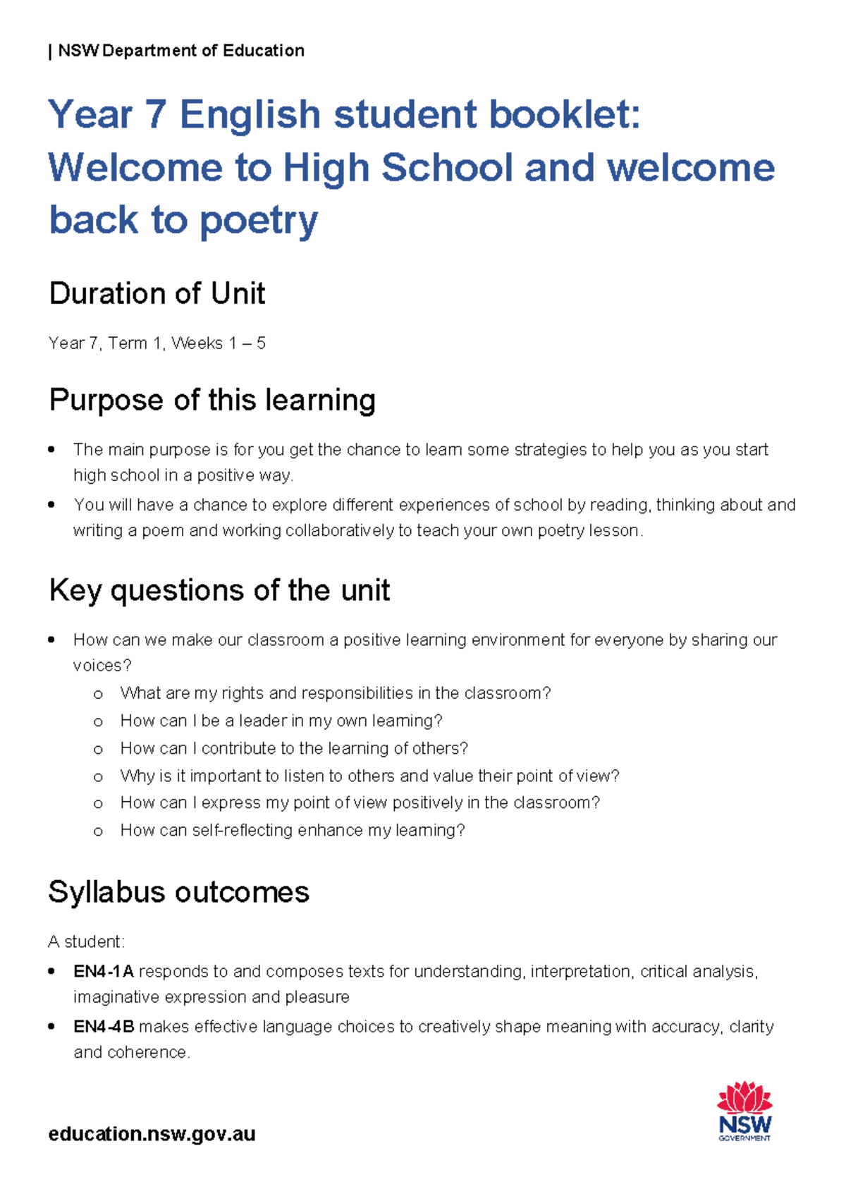 Year 7 English Poetry Unit: Student Workbook and Activities - Studocu
