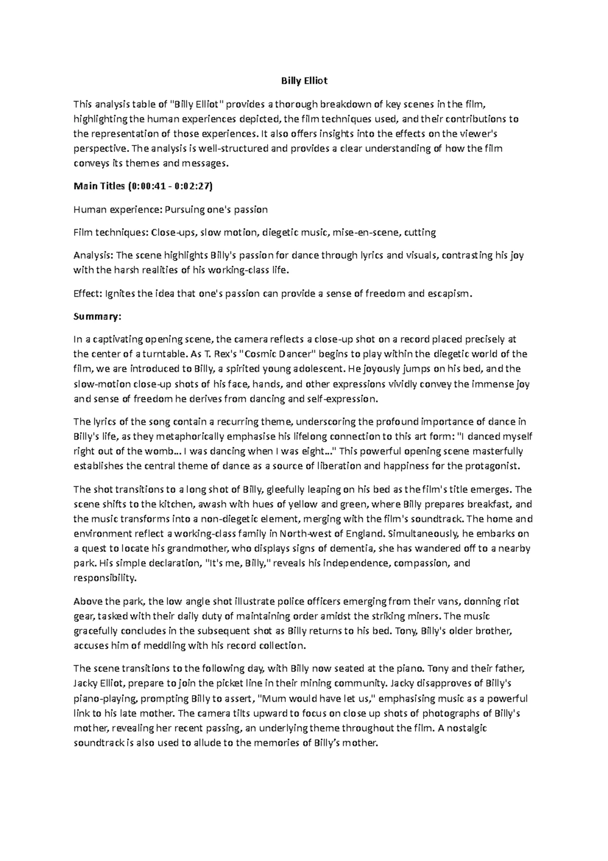 Billy Elliot Scene Break down - Billy Elliot This analysis table of "Billy Elliot" - Studocu