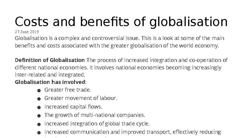 Costs and Benefits of Globalisation: A Comprehensive Analysis - Studocu
