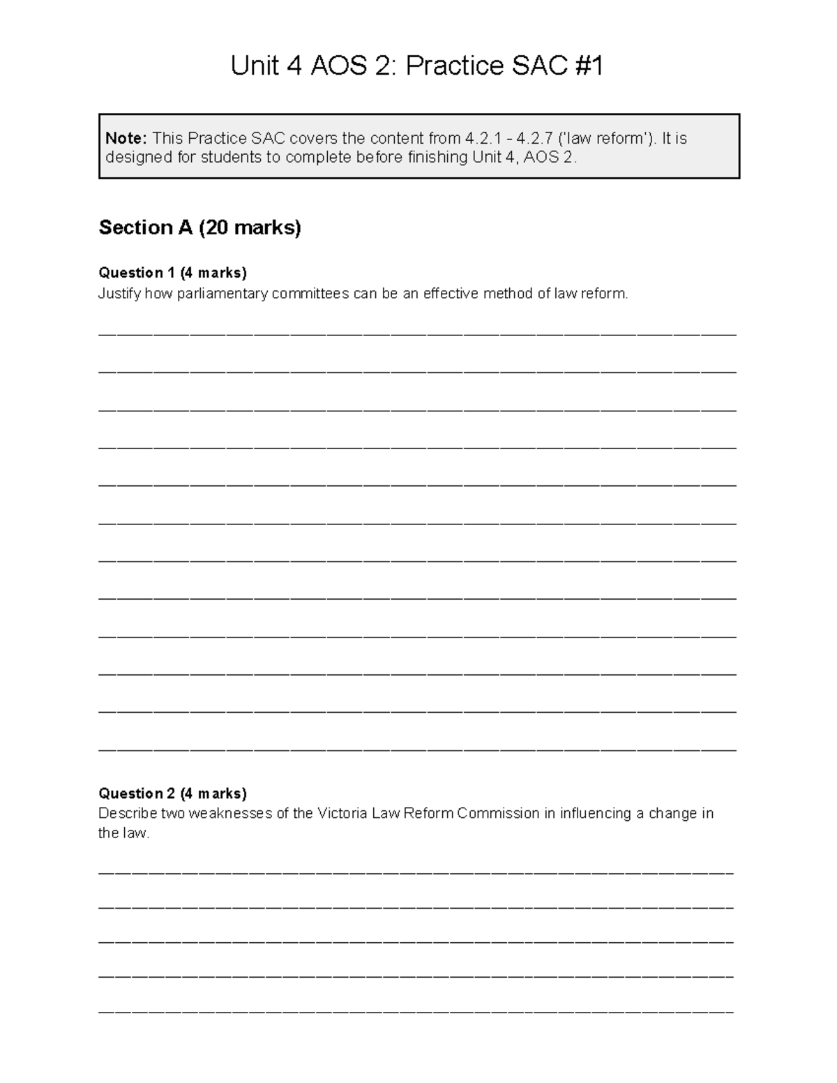 Unit 4 AOS 2: Practice SAC #1 - Law Reform & Public Intoxication - Studocu