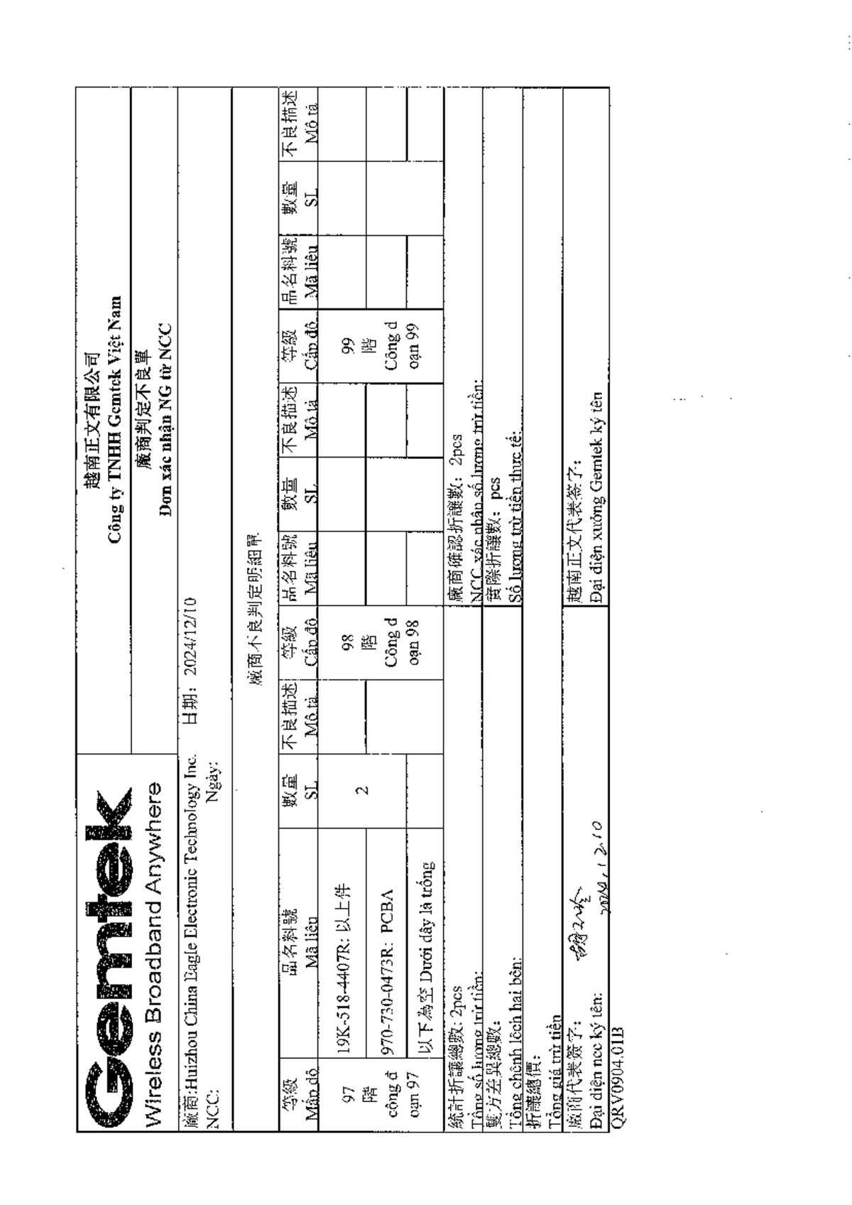 报废单241210 - Please give your document - Gemtek Công ty TNHH Gemtek Viet Nam Wireless Broadband ...