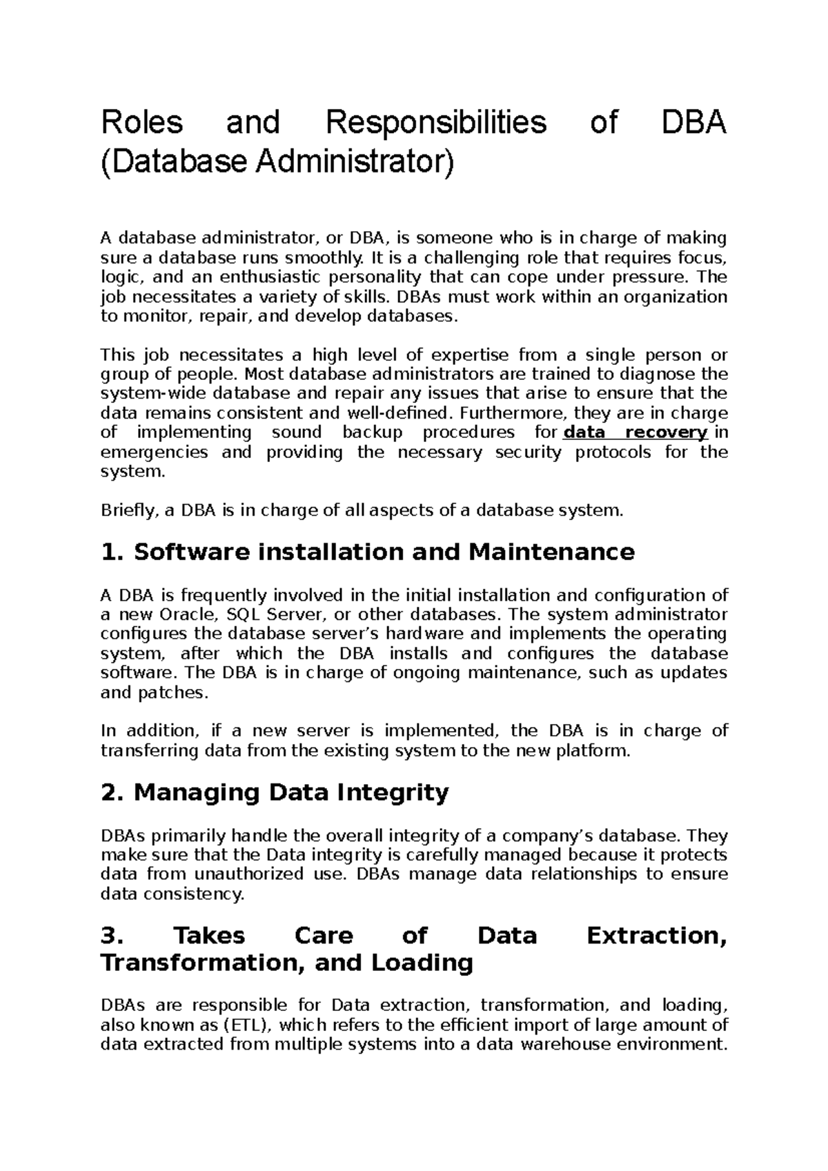 Roles and Responsibilities of DBA - Roles and Responsibilities of DBA ...