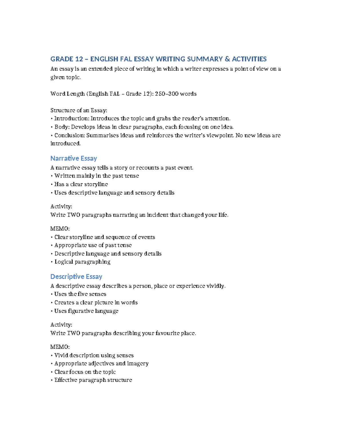Grade 12 English FAL Essay Writing Summary & Activities Memo - Studocu