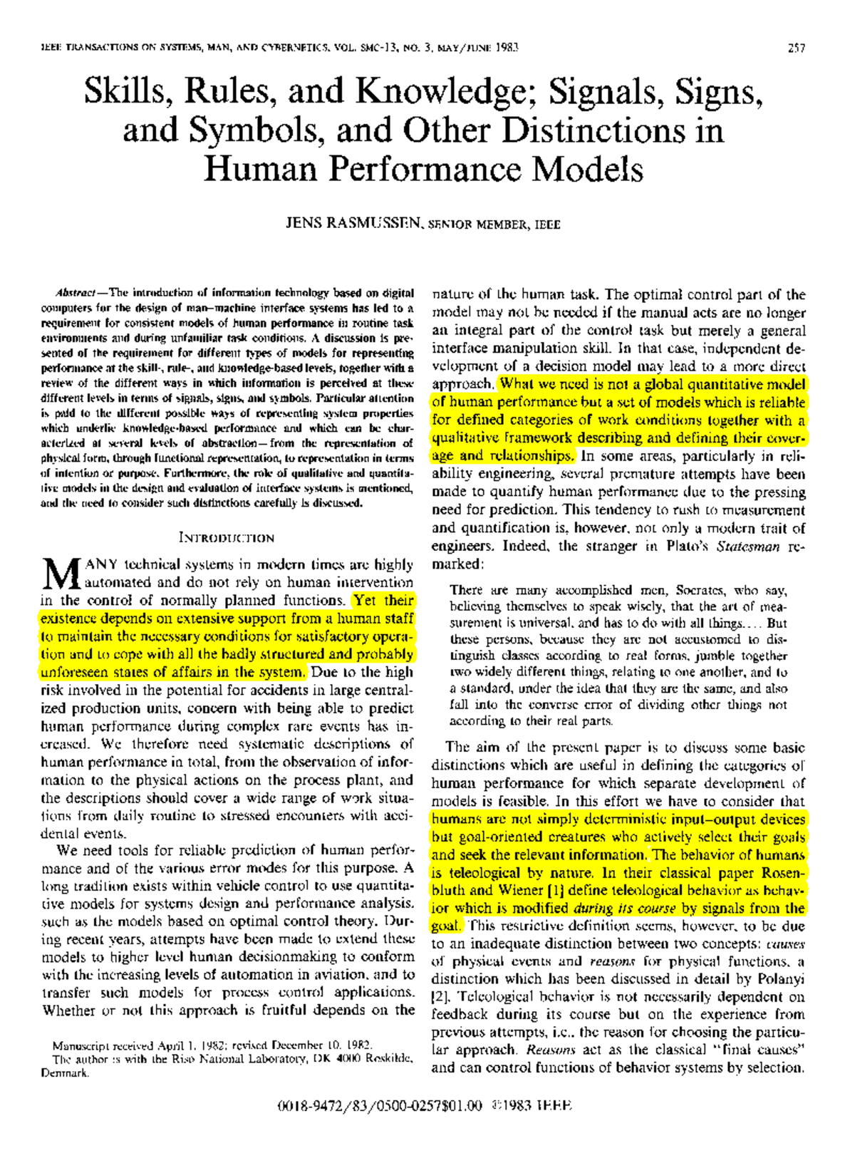 Rasmussen (1983) - Human Performance Models and Distinctions - Studeersnel