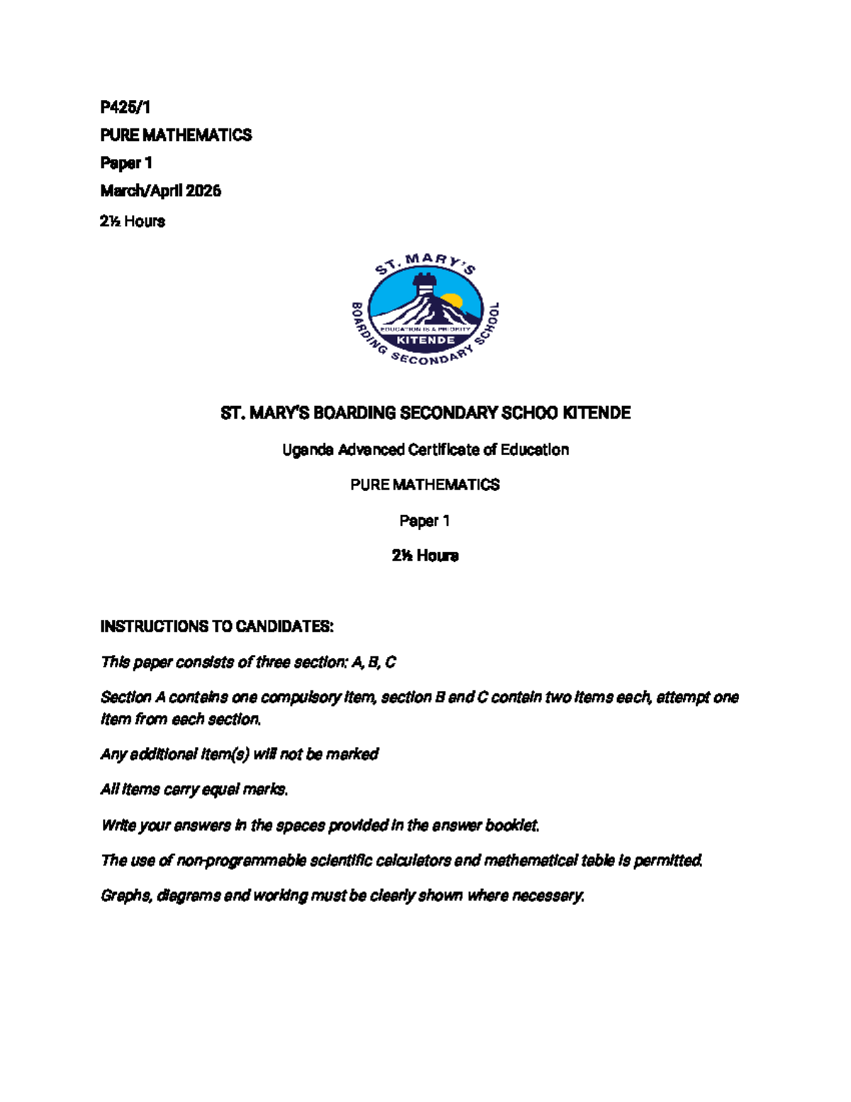 PURE MATHEMATICS Paper 1 2026 - Exam Instructions & Tasks - Studocu