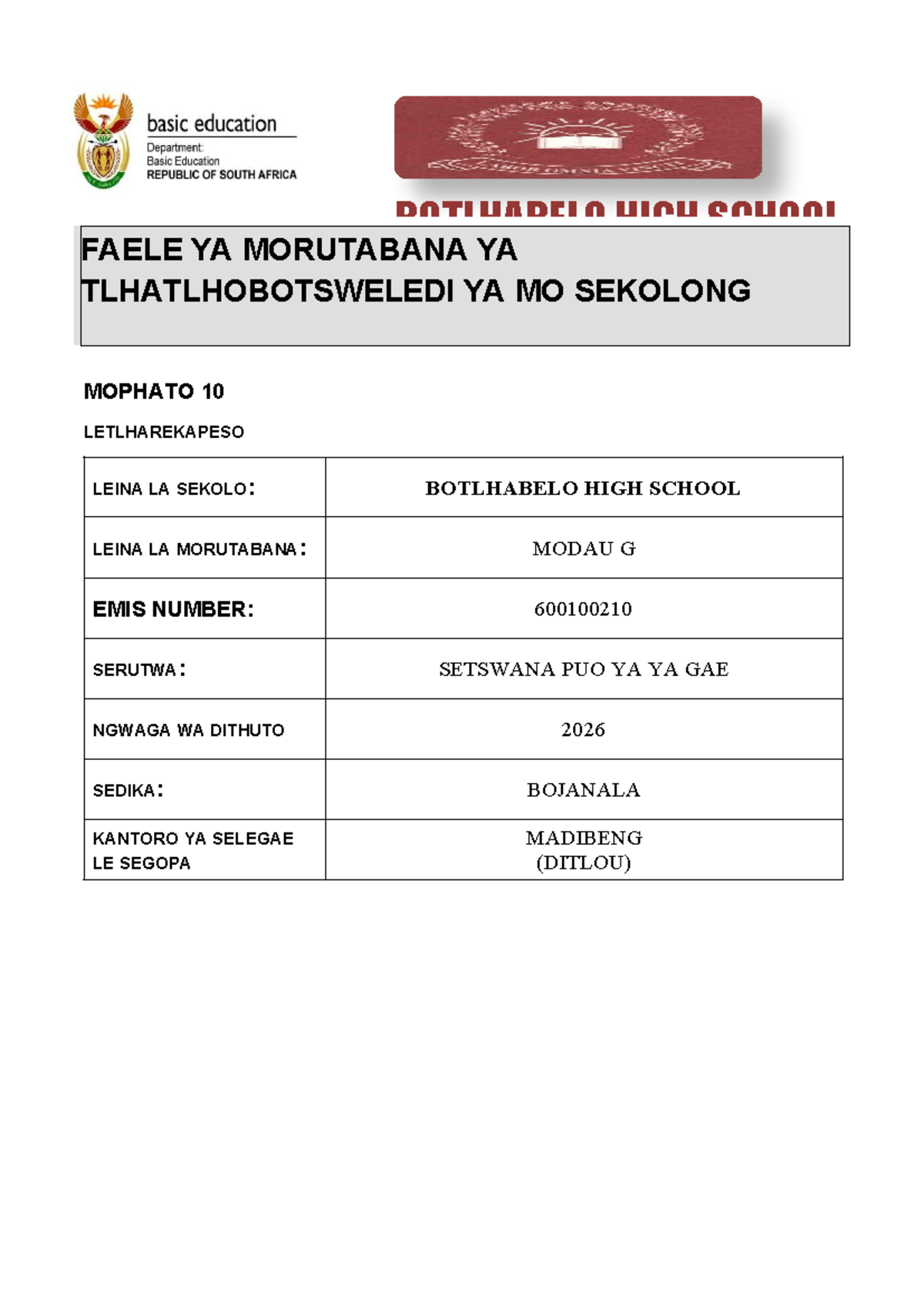 Setswana SBA Formal Assessment - Diteng Faele YA Morutabana Mophato 10 ...