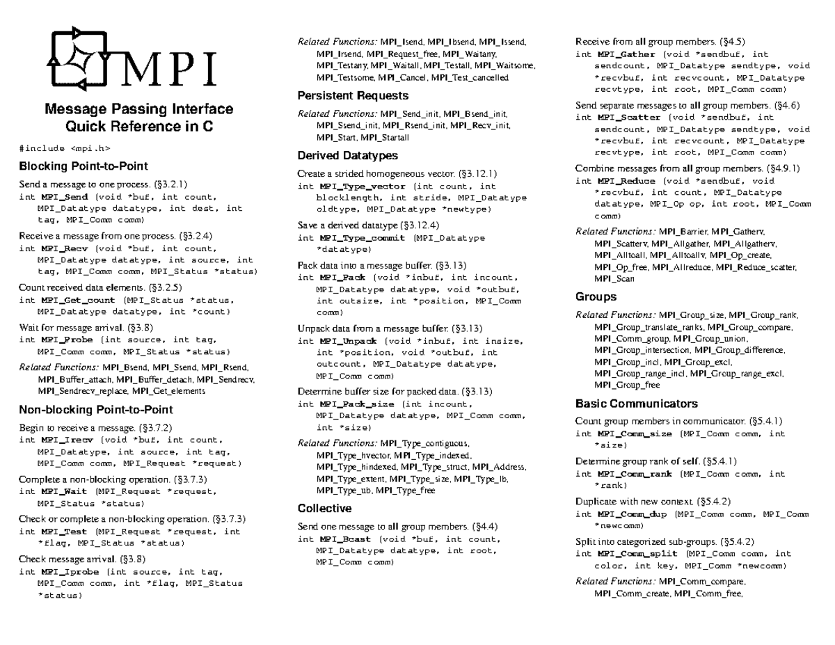 MPI Cheat Sheet: Quick Reference for MPI Functions and Usage - Studocu
