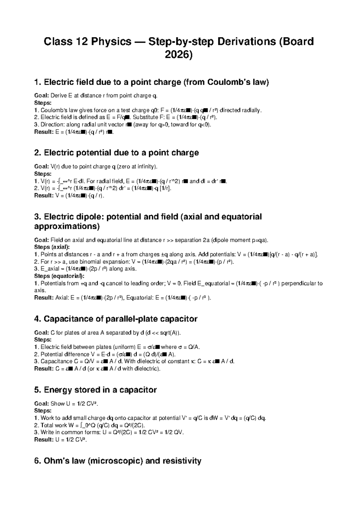 Class 12 Physics Derivations (Board 2026) - Key Concepts and Formulas ...