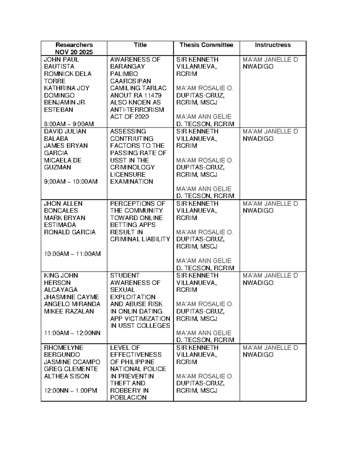 Final Defense Schedule for Researchers - NOV 20 2025 - Studocu
