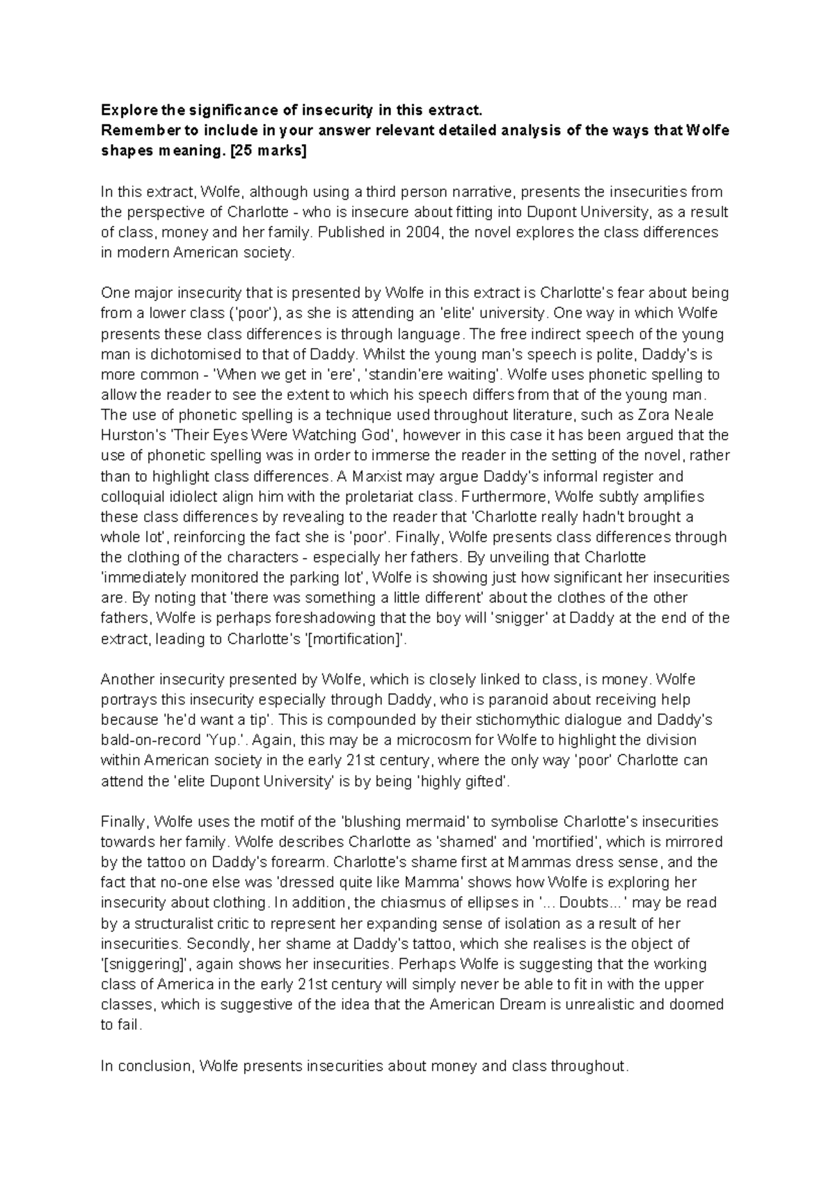 A-Level English A - Unseen Prose Essay on Insecurity in Wolfe's Extract ...