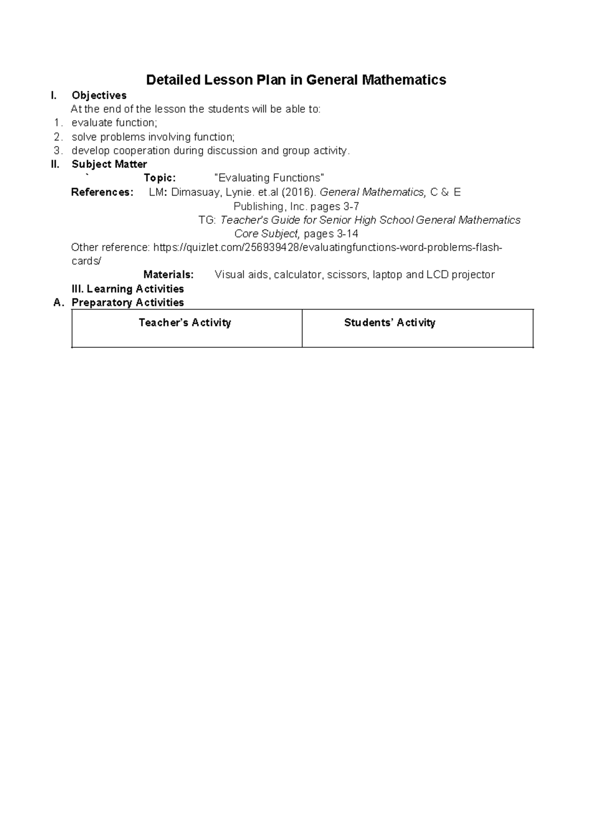 Detailed Lesson Plan in General Mathematics for Senior High School ...