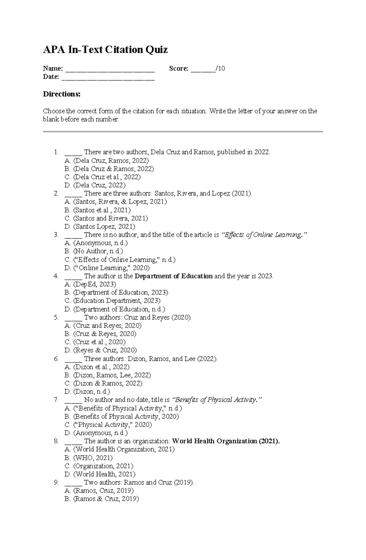 APA Citation Quiz: In-Text Citation Practice - Studocu