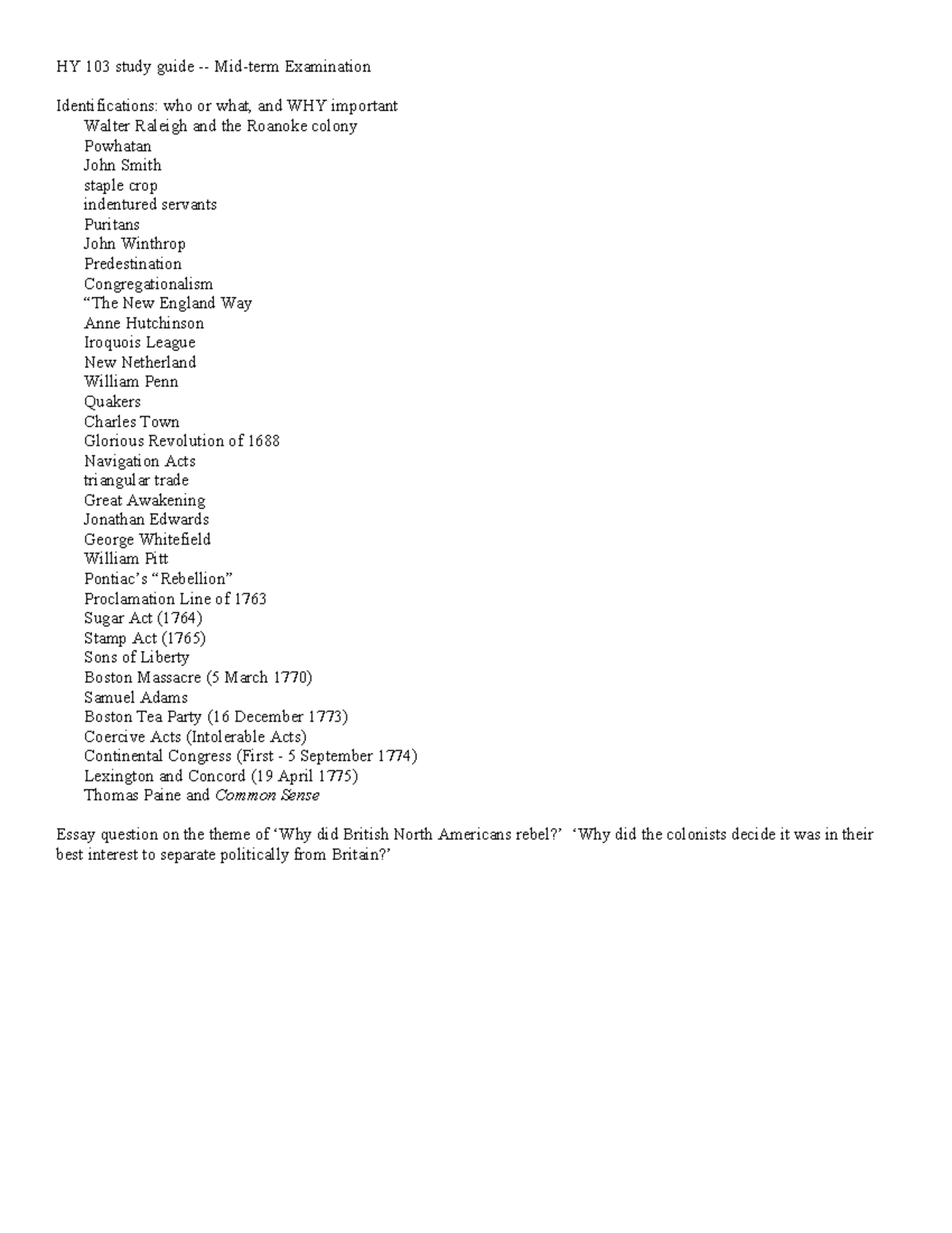 HY 103 Mid-Term Exam Study Guide - Key Historical Identifications - Studocu
