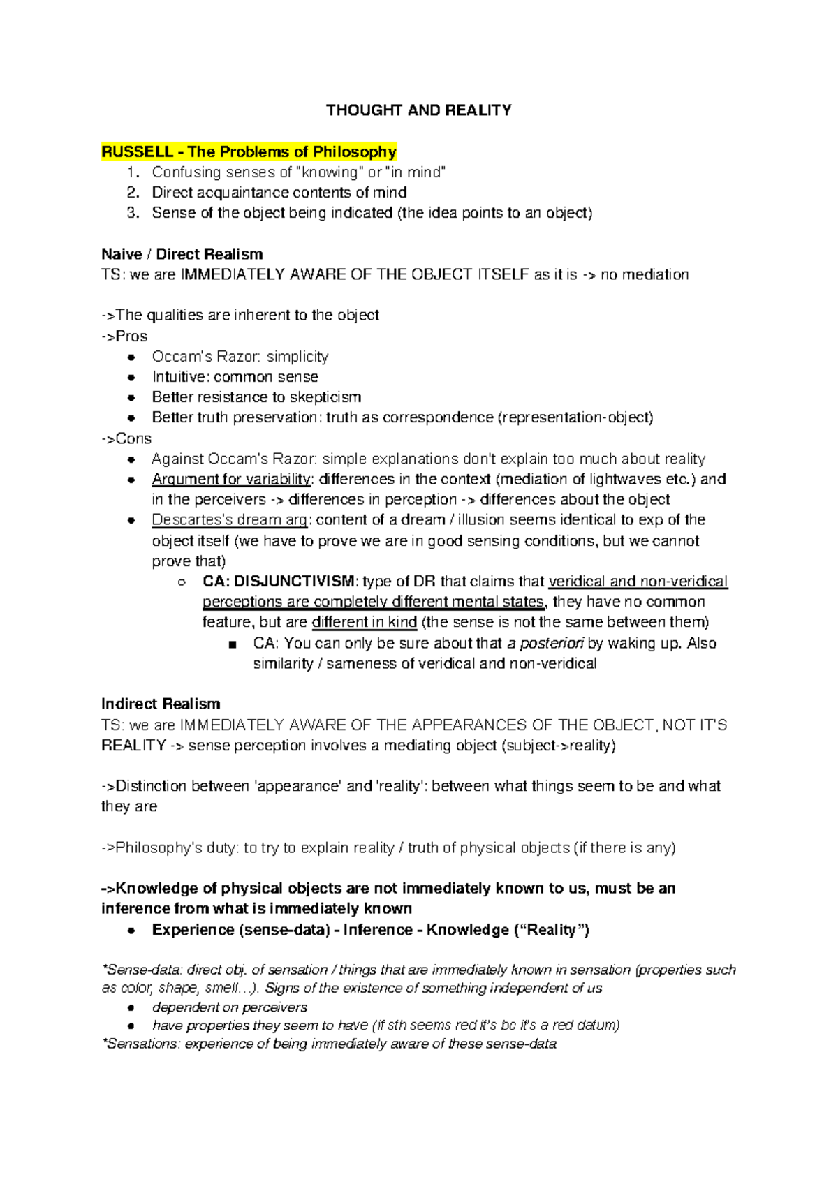 Thought and Reality - Notes - THOUGHT AND REALITY RUSSELL - The ...