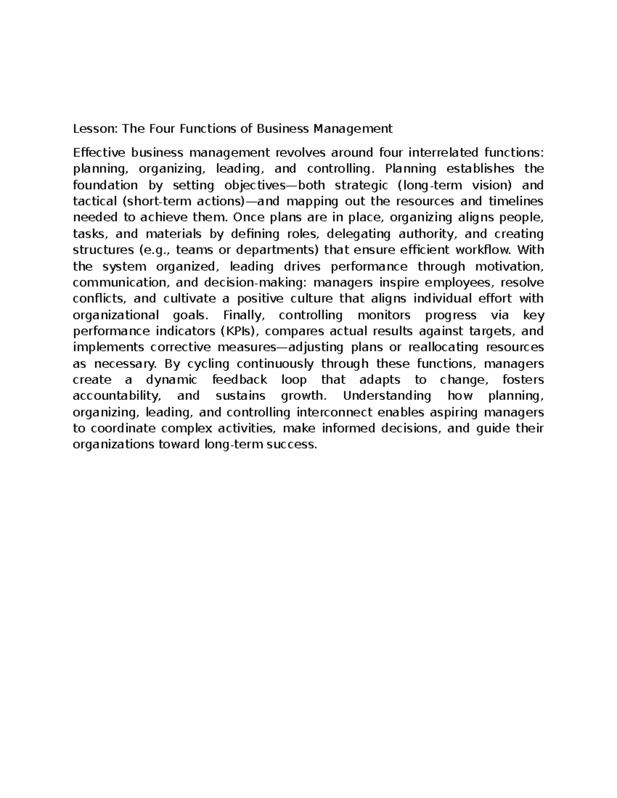 Lesson: The Four Functions of Business Management (Buss. Management ...