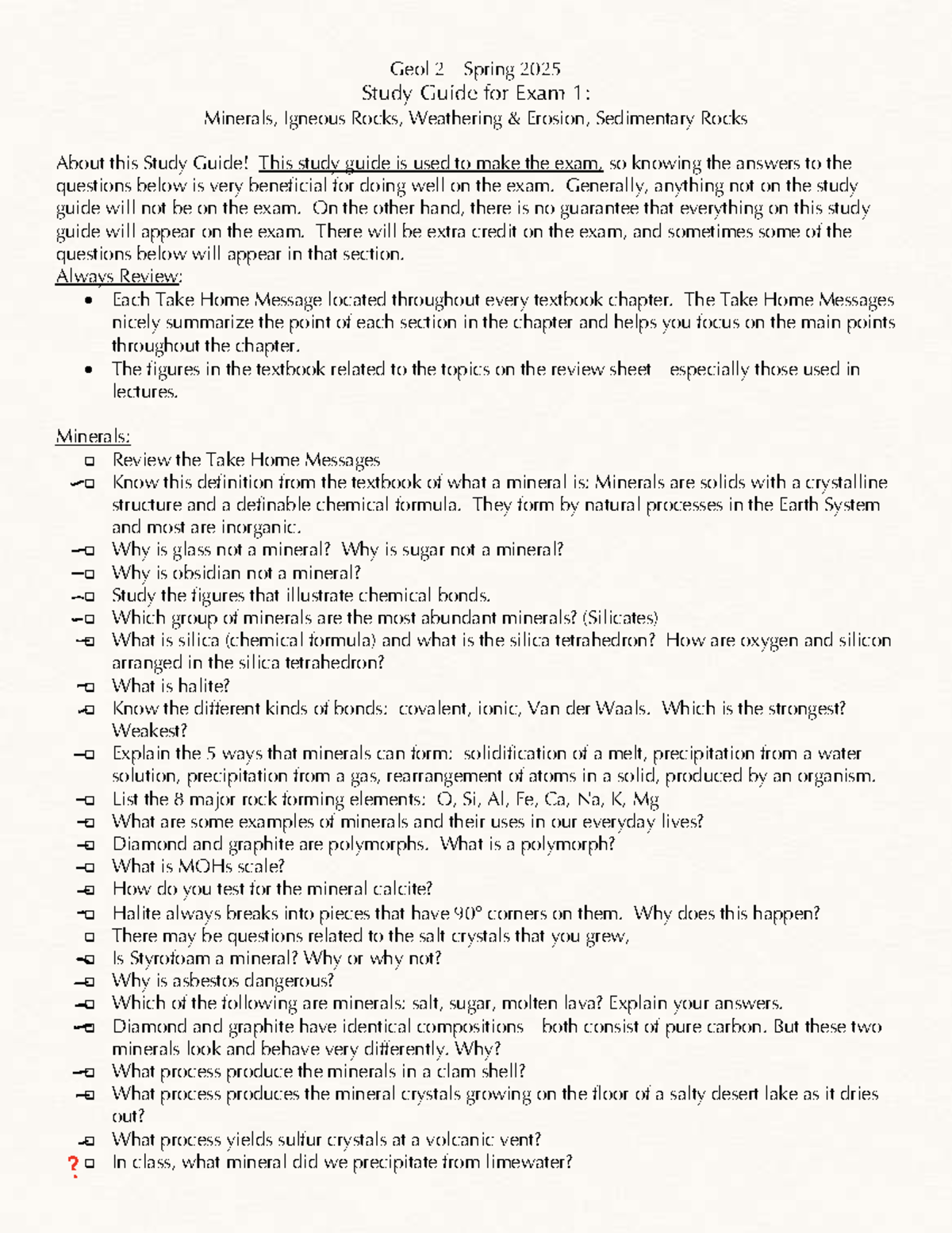 Geol 2025: Study Guide for Exam 1 on Minerals, Igneous & Sedimentary ...