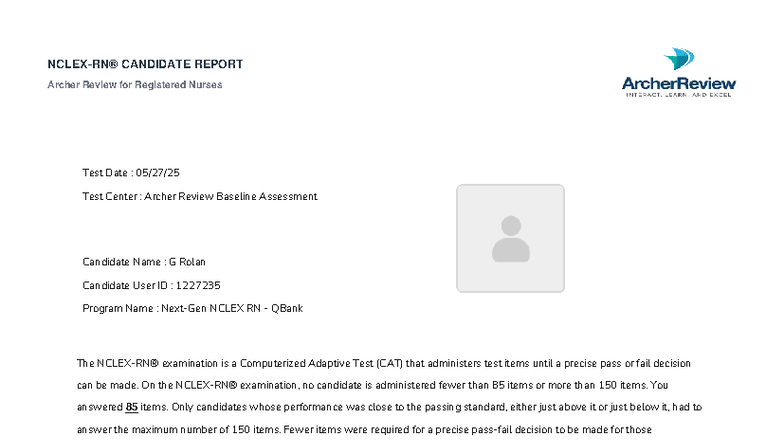 Archer Review NCLEX RN Candidate Performance Report 20414177 - Studocu