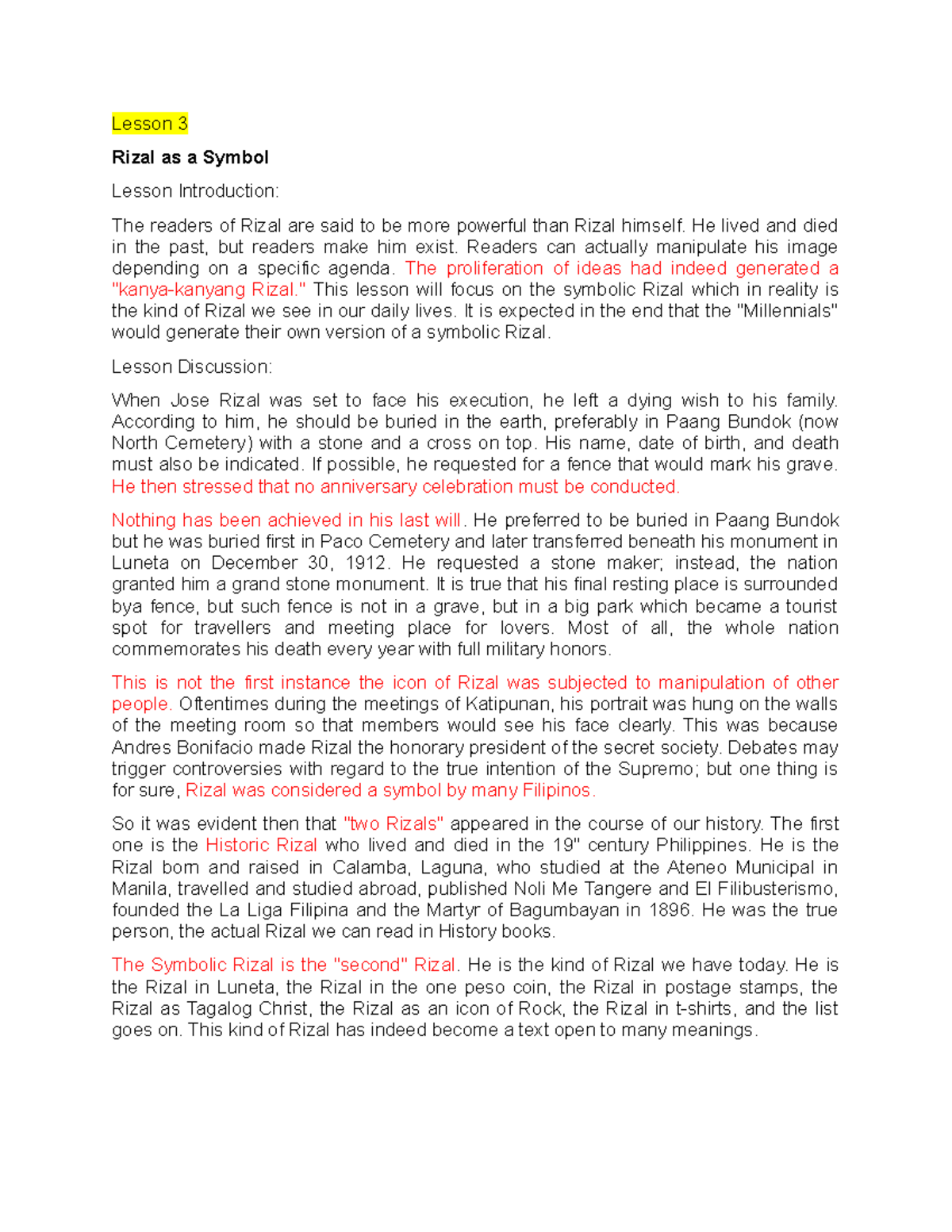 Rizal - Lesson 3: Exploring Rizal as a Symbol in History - Studocu