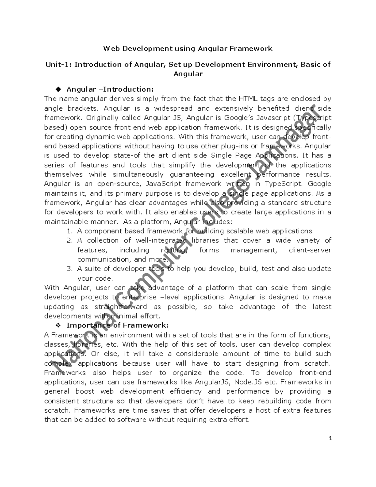 Unit-1 - Angular - Web Development using Angular Framework Unit-1: Introduction of Angular, Set ...